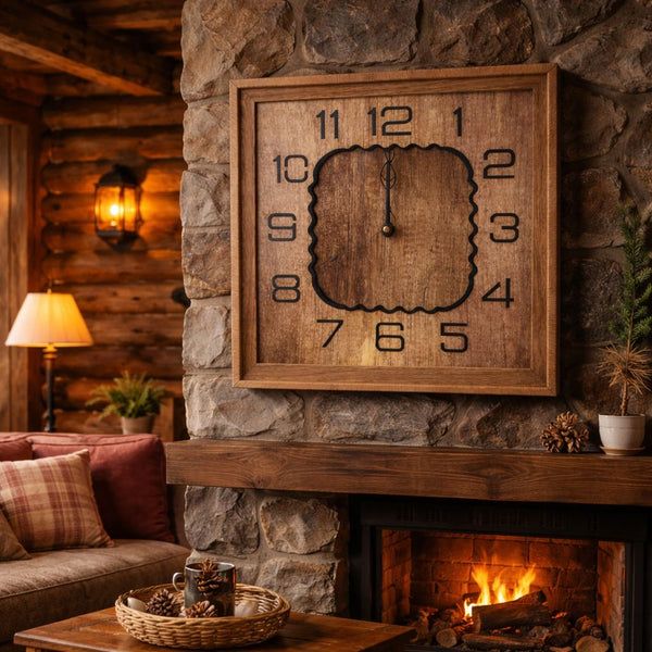 Ceas de perete rustic din lemn, cu design patrat, cifre vizibile si me ...