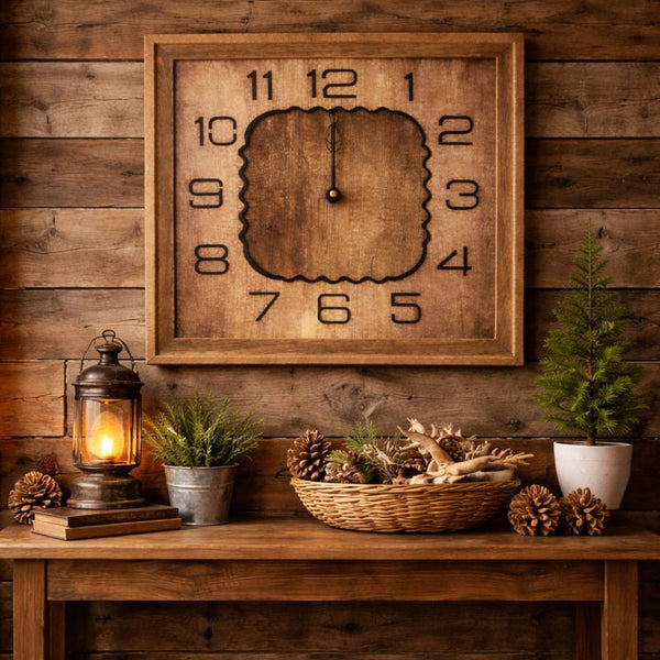 Ceas de perete rustic din lemn, cu design patrat, cifre vizibile si me ...